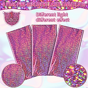 FunnyPars 3 Pack Pink Iridescent Table Cloth for Parties, Pink Plastic Shiny Laser Table Covers, Disposable Holographic Foil Tablecloth Iridescent Party Decorations for Girl Birthday Wedding, 54x108