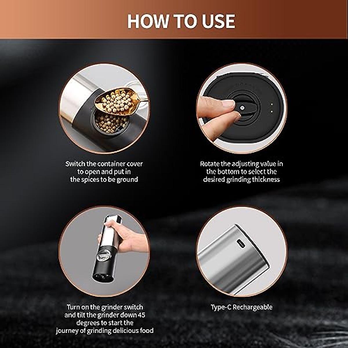 Electric Pepper and Salt Grinder Set With Rechargeable Base, Stainless Steel, Large Capacity, One-Hand Operated, Adjustable Coarseness, Automatic Pepper Mill, Refillable Salt Shaker With LED Light