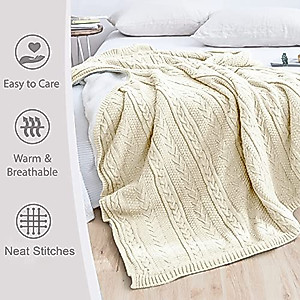 Beige Knit Sherpa Blanket Cotton Throw Blanket with Sherpa Lining Double Sided Reversible Winter Blanket Super Soft, Warm, Elegant, Plush, Cozy for Couch, Sofa, Bed Home Decor 50 x 63 inch