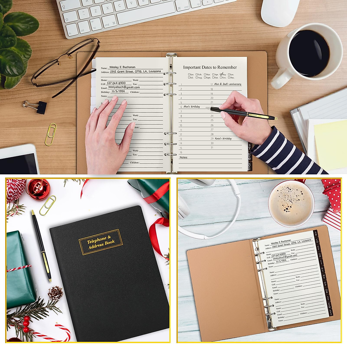 Refillable Address Book with Alphabetical Tabs, w/Pockets, 648 Large Print Telephone Birthday Email PU Leather Hardcover Durable for Women Men Seniors Home Office, 236Pages, A5, Black