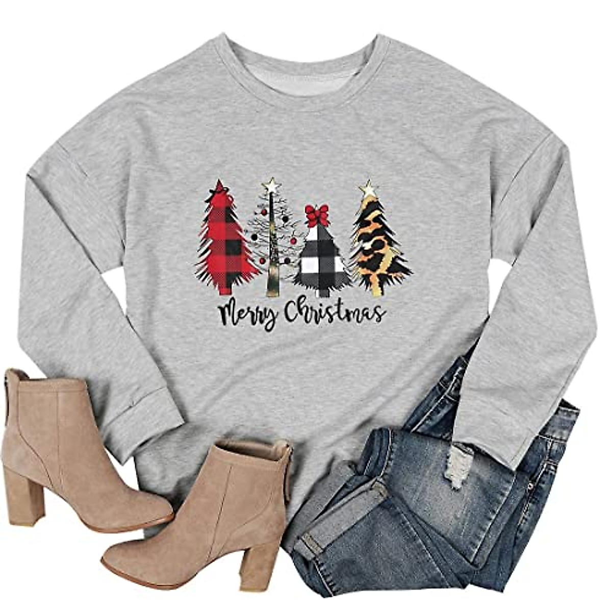 KIDDAD Merry Christmas Sweatshirt for Women Long Sleeve Drop Shoulder Ugly Christmas Tree Pullover Lightweight Shirt Top… Grey