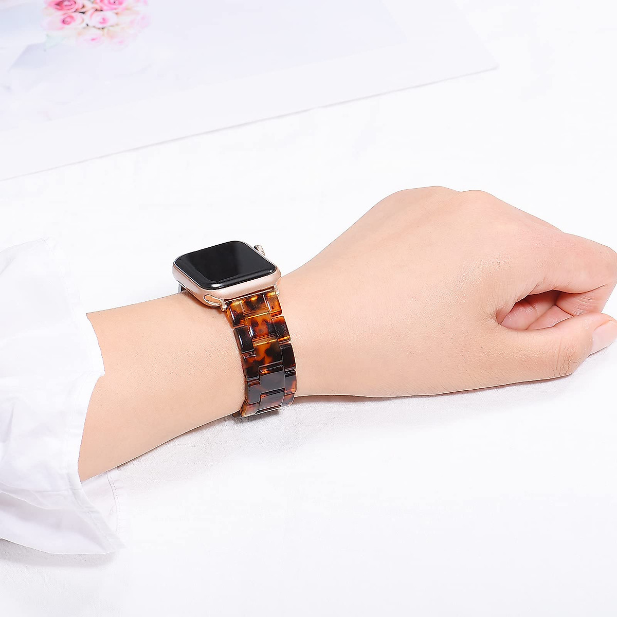 Wongeto Resin Strap Compatible with iWatch Band 38mm 40mm 41mm Apple Watch SE Series 8/7/6/5/4/3/2/1 Women Girl Men,Light Resin Waterproof Strap(Rose Gold+Tortoise 38/40/41mm)