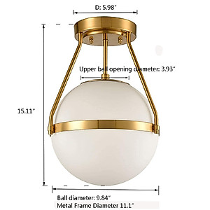 HOLKIRT Mid Century Modern Globe Semi Flush Mount Ceiling Light Fixture,White Opal with Brass Finish,Living/Dinning Room