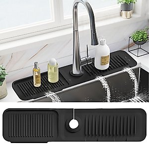 PoYang 24 inch Silicone Draining Mat for Kitchen Sink Splash Guard Behind Faucet, Splash Guard for Kitchen Sink Area Longer Faucet Draining Mat, Sink Protectors for Kitchen Sink Splatter Screen, Black
