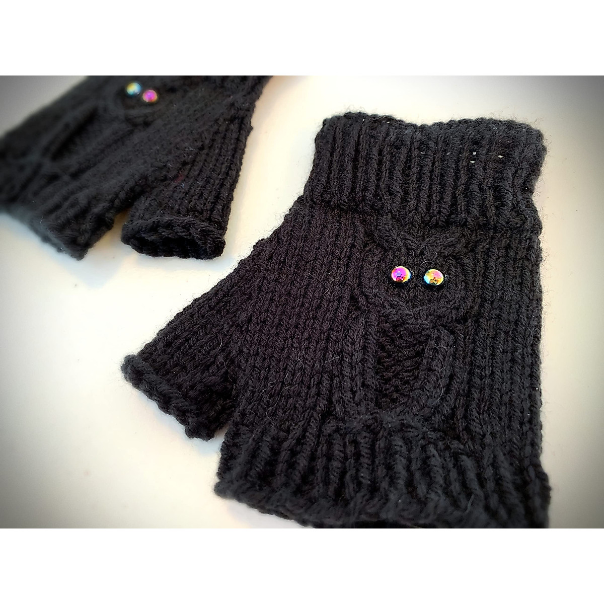 Hand Knit Adult Owl Fingerless Gloves Mittens Mitts – Knitted Granny Gloves with Owls for Warm Hands – Handmade Gift for Women Wife Girlfriend – Handcrafted Hand Warmers (Small, Red)