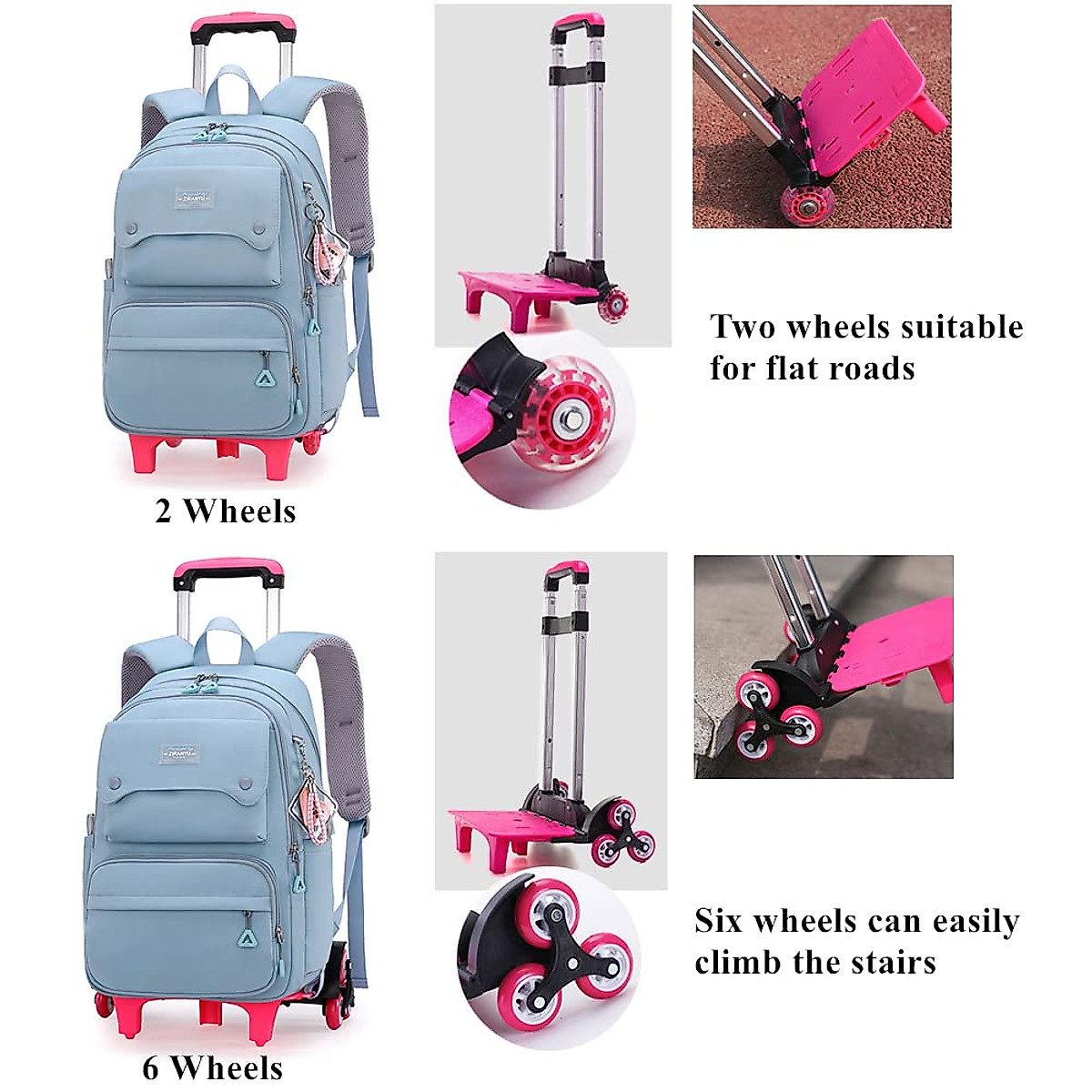 LANSHIYA Solid Color Girls Rolling Backpack with Wheels Schoolbag Elementary School Student Trolley Daypack