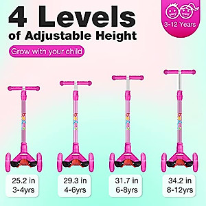 BELEEV Scooters for Kids 3 Wheel Kick Scooter for Toddlers Girls Boys, 4 Adjustable Height, Lean to Steer, Light up Wheels, Extra-Wide Deck, Easy to Assemble for Children Ages 3-12 (Rose Pink)