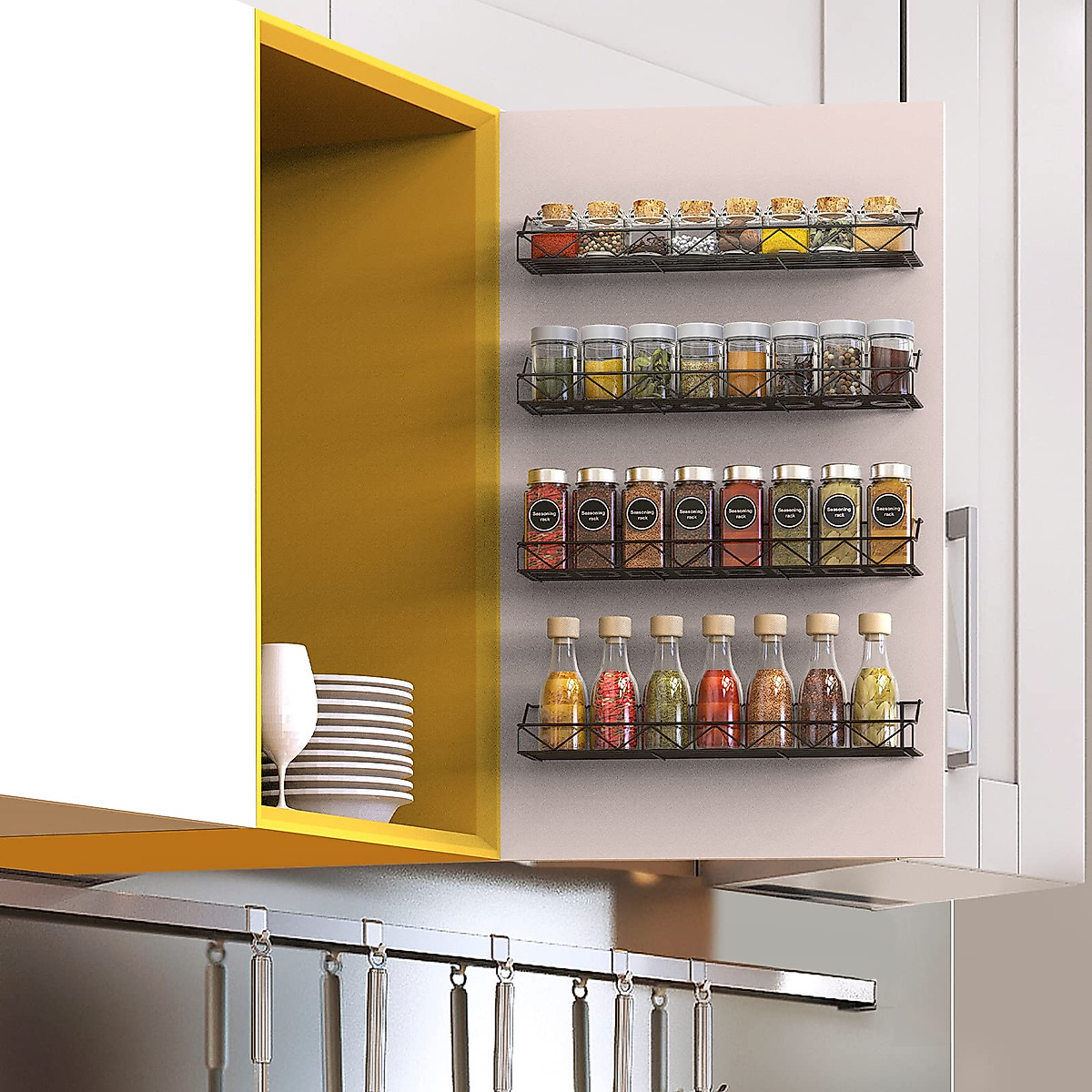 Bextsrack Spice Rack Organizer for Cabinets, 4 Pack Wall Mounted Spice Seasoning Jars Shelf Storage Organizer for Cupboard, Pantry Door, Black