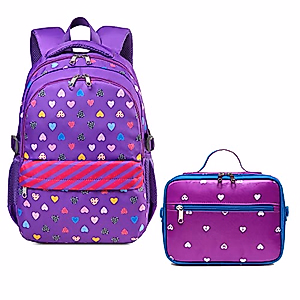 BLUEFAIRY Girls Kindergarten Backpack Set with Lunch Bag Bookbag Kids Preschool Elementary School Bags for Child Teens Lightweight Waterproof Nylon Sturdy Gifts Large Pocket 15 inch(Purple & Blue)