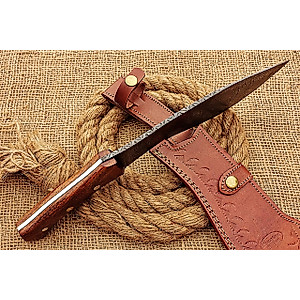 HUNTEX Handmade Hand-Forged Twist Pattern Damascus Steel 15 Inch Long Full Tang Natural Walnut Wood Handle Razor Sharp Hunting Camping Kukri Knife w/Genuine Leather Sheath