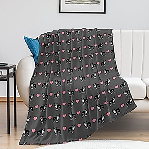 Boston Terrier Love Hearts Gray Throw Blanket Soft Lightweight Flannel Blanket Fuzzy Sofa Fleece Blanket for Use in Bed Living Room Home Beachh Couch Travel 50"x40" for Kid Baby