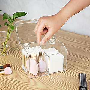 EOFJRUC Qtip Holder with Flip Cover Acrylic Clear Cotton Swab Dispenser for Bathroom