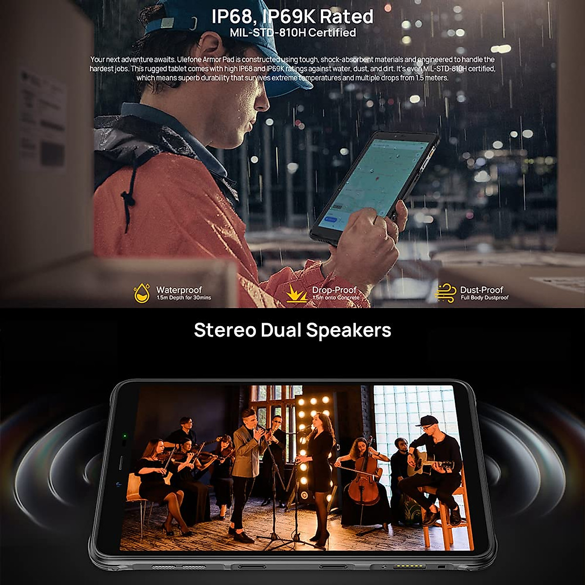 Ulefone Armor PAD Rugged Tablet Android 12, 8 Inch Waterproof-Tablet, Octa Core 4GB+64GB 256GB Expandable,7650mAh Battery Industrial Tablet PC, 13MP+5MP, IP68&IP69K Tablets, 2.4G/5G WiFi,OTG,GPS/NFC