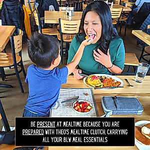 THEO'S Baby Led Weaning Supplies 12 Piece Clutch - Mealtime Essentials With 4 Disposable Splat Mats For Under High Chair, 3 Eco-Friendly Stick On Placemats, 2 Sets Ergonomic Plant Based Spoons & Forks