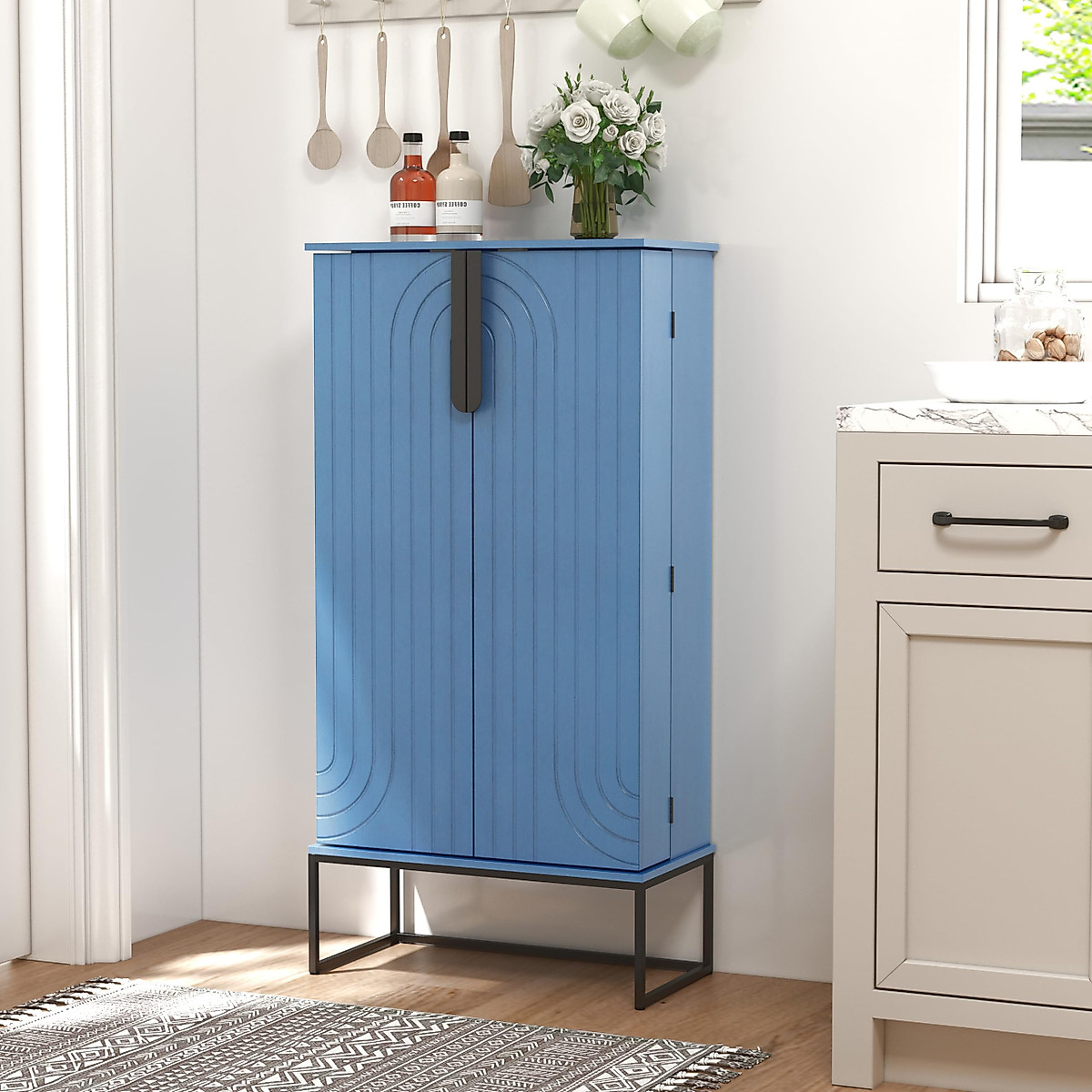 ARTPOWER 46" Blue Pantry Cabinets, Food Pantry Storage Cabinet with Adjustable Shelves，Large Storage Space for Kitchen,Blue