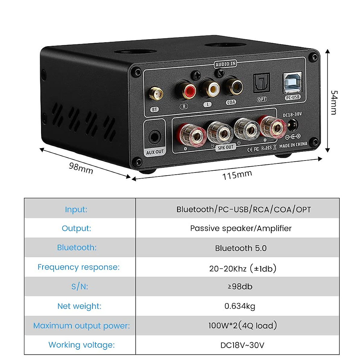 AIYIMA T9 100W*2 Bluetooth Stereo Amplifier Class D Amp 2.0/2.1 Channel Tube Power Amp with PC-USB DAC Coaxial Optical inputs &VU Meter & Bass Treble Tone Control for Home Stereo Speakers