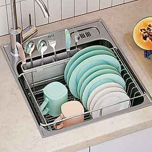 iPEGTOP Expandable Over Sink Dish Drying Rack, Multifunctional Adjustable (14"-18.5") Dish Drainer Organizer Shelf Rustproof Stainless with Grey Utensil Holder for Kitchen Counter