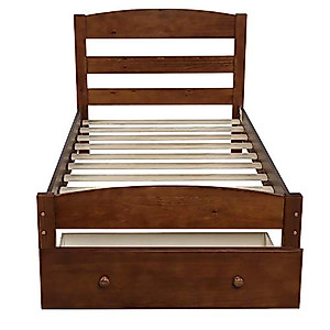 Platform Twin Bed Frame with Storage Drawer and Wood Slat Support No Box Spring Needed (Walnut)