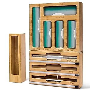 Storage Bag Organizer for Drawer, Foil and Plastic Wrap Dispenser with Cutter for Kitchen, 9-in-1 Storage for Snack, Gallon, Sandwich and More