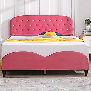 Mixoy Kids Full Size Bed Frame with Headboard, Velvet Upholstered Platform Bed with Slatted Bed Base, No Box Spring Needed, Pink Princess Wooden Bed for Girls(Full, Diamonds)