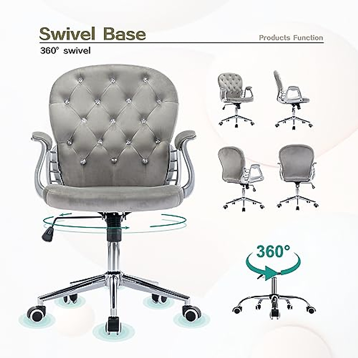 Haplized Velvet Home Office Chair with Wheels, Cute Desk Chair with Side Arms and Wheels 360°, Height Adjustable Armchair for Living Room, Bedroom, Vanity Room, Bling Desk Nail Desk for Women (Grey)