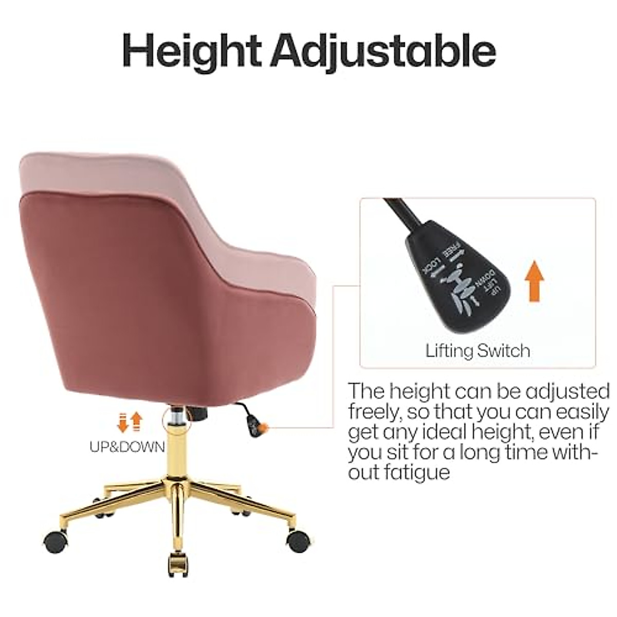 KCC Velvet Home Office Desk Chair with Gold Base, Modern Height Adjustable 360° Swivel Upholstered Vanity Chairs with Arms for Living Room Bedroom, Rose