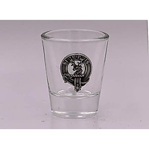 Clan Crest Shot Glass Colquhoun, 1.5 ounce Whiskey shot glass with 3/4 inch pewter clan crest