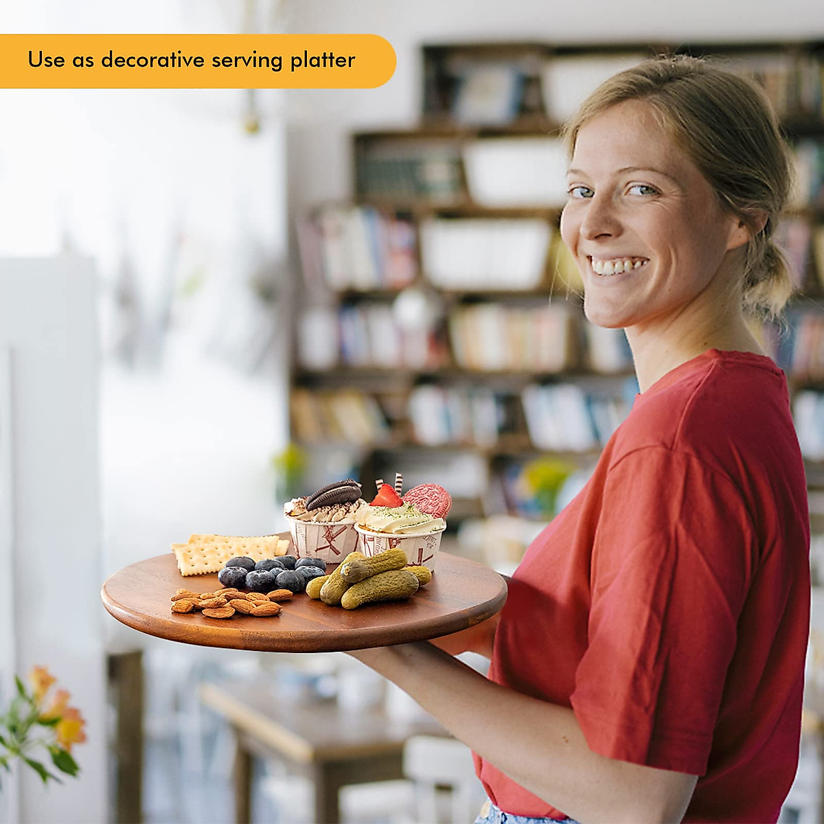 WLWNWFT 12 Inch Rotating Cake Turntable, Acacia Wood Cake Display Stand Cookie Turntable for Dessert Table Decorating Cupcake Stand Wedding Cake Stand Rustic …