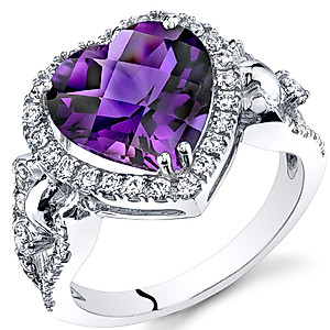 PEORA Amethyst Large Heart Halo Ring for Women 14K White Gold with White Topaz, Genuine Gemstone, 3 Carats 10mm, Size 6