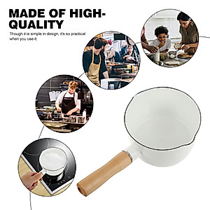 Cabilock Sauce Pan Ceramic Saucepan Small Milk Pot Enamel Butter Warmer Soup Milk Boiling Melting Pot with Wood Handle for Milk Melting Chocolate Candy Candle Making Milk Pan Coffee Warmer