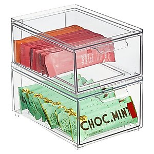 mDesign Stackable Storage Containers Box with Pull-Out Drawer - Stacking Plastic Drawers Bins for Kitchen Pantry and Cupboard, Cabinet, Counter, Island and Tables - Lumiere Collection - 2 Pack - Clear