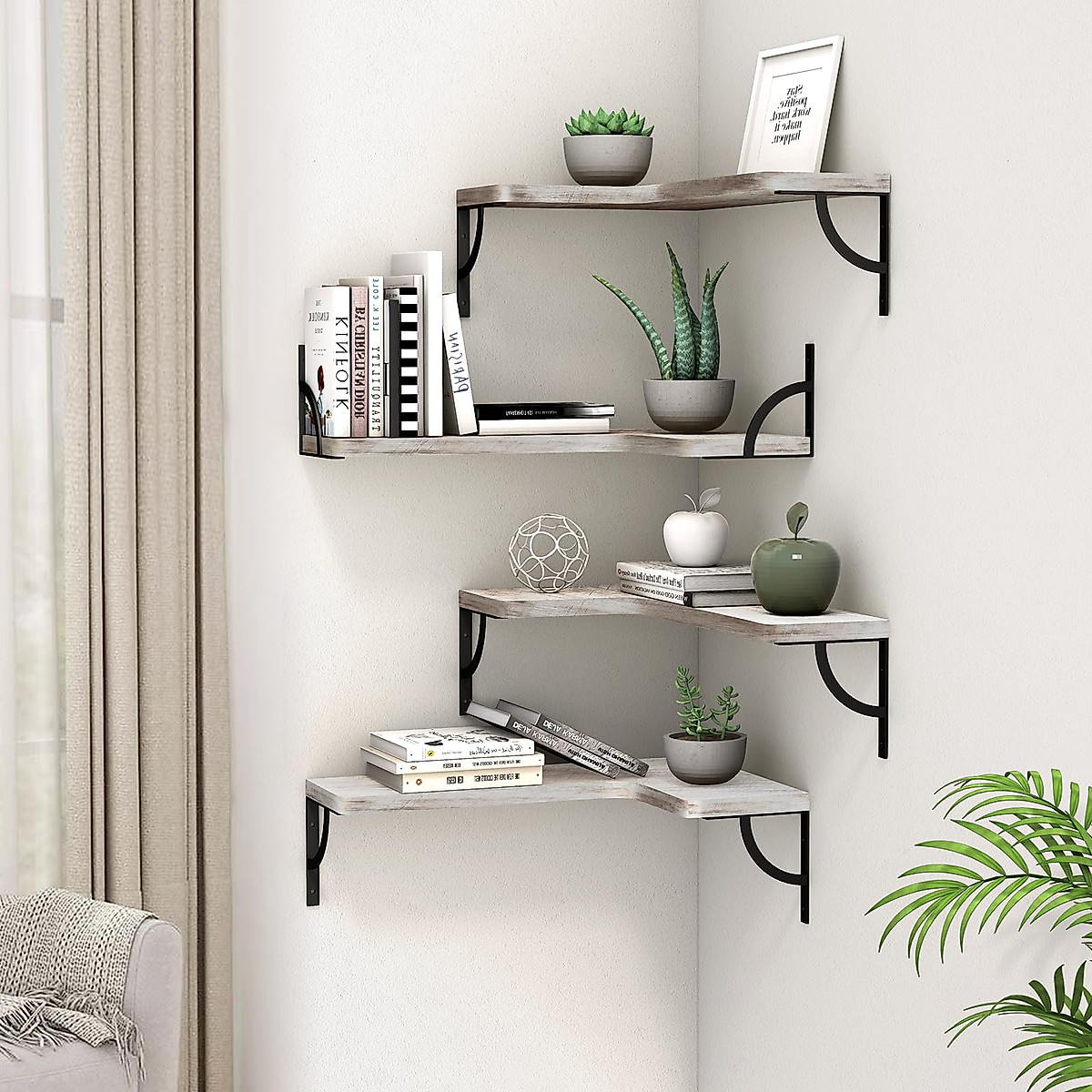 Canupdog Corner Floating Shelf Wall Mount 4 Tier Wood Floating Shelves, Easy-to-Assemble Tiered Wall Storage, Wall Organizer for Bedrooms, Bathrooms, Kitchens, Offices (Rustic White)