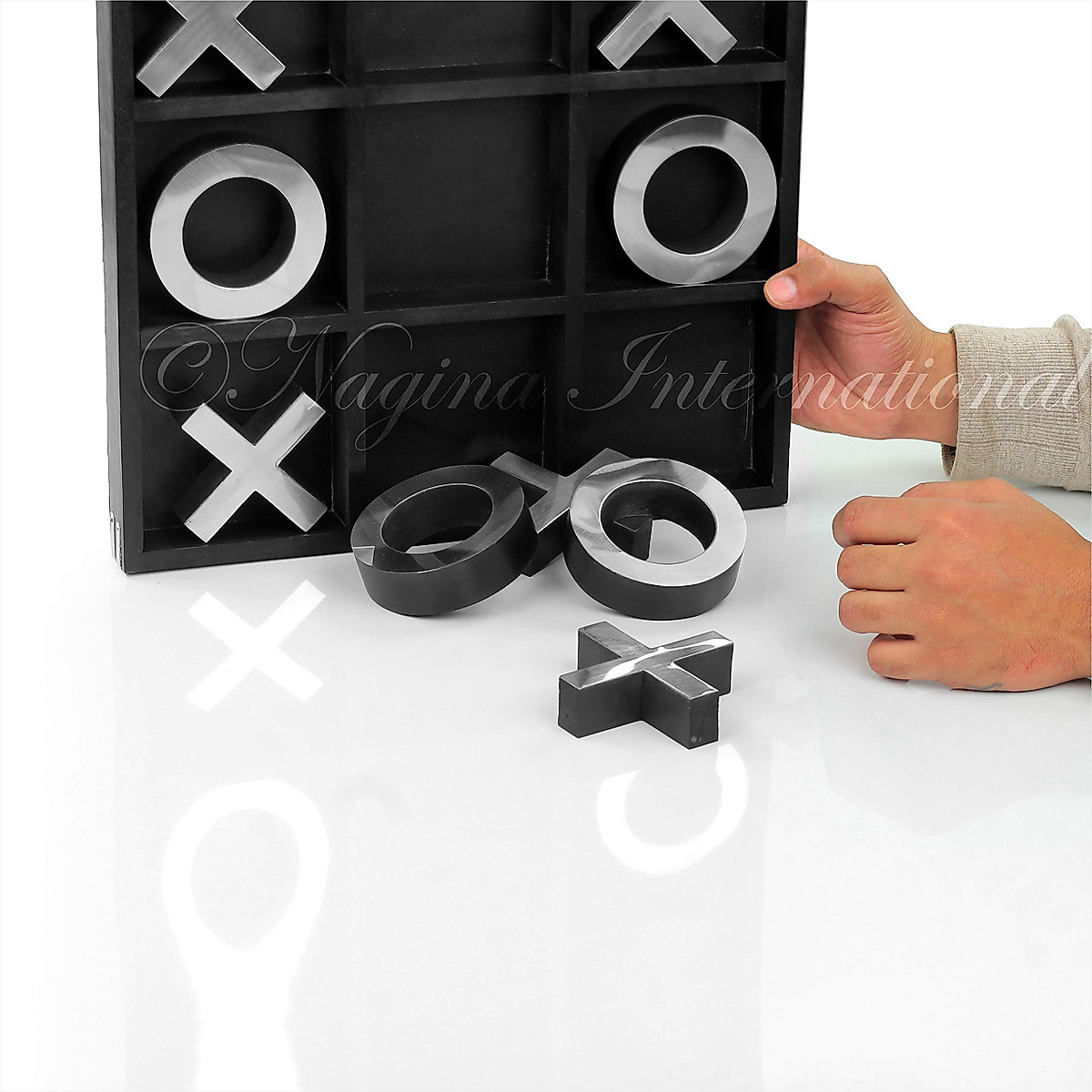 14" Large Elegant Premium Black Tic Tac Toe Board Game | Wooden Puzzle Game | Coffee Table Wooden Decor & Games with Nickel Sheathed Pieces