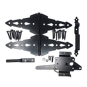 Wood Gate Hardware Set – Heavy Duty Kit for Fence Swing Gate- Outdoor Decorative Black Finish w/ 8” Strap Hinges and Spring Loaded Latch