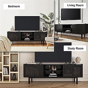 ORRD TV Stand for TVs Up to 70 Inch, Accent Iron Rattan Storage Cabinet Television Stands Entertainment Media Center Console Table with Sliding Barn Door and Adjustable Shelves for Living Room