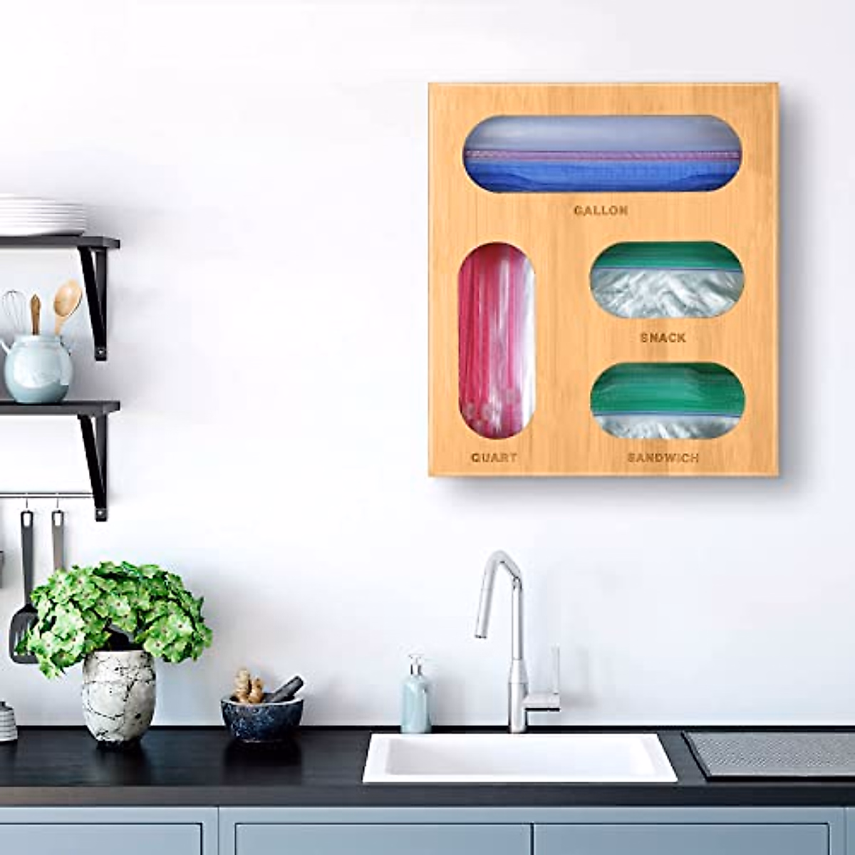 ComboJoy Ziplock Bag Organizer, Premium Bamboo Baggie Organizer for Drawer with Wall Mount Design, Easy to Refill, Compatible with Quart Slider Bag, Ziploc, Glad, Hefty for Gallon, Sandwich & Snack