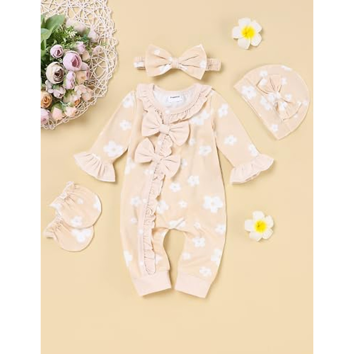 Okgirl Newborn Girl Clothes Baby Girl Outfit Floral Romper Cream Jumpsuit Bow Ties Baby Girl Outfit