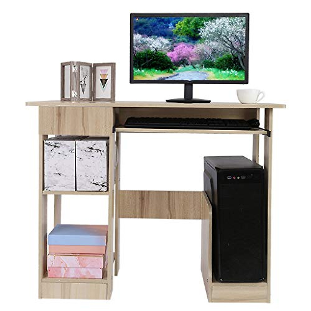 Computer Desk, Study Writing Table for Home Office, Modern Simple Style Desktop Computer Desk with Storage Shelves and Pullout Keyboard Tray, Compact Laptop PC Workstation (Beige, 35.4×18.9×28.3in)
