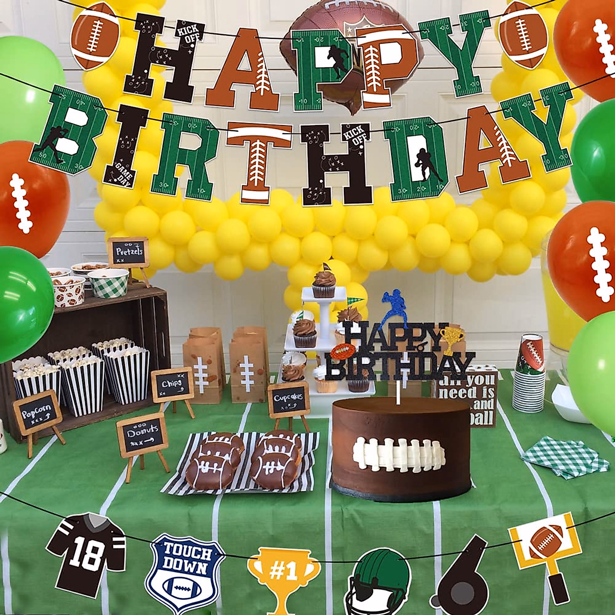 Football Birthday Party Decorations Pack for Football Touchdown Sports Theme Birthday Party Decoration - Includes Happy Birthday Banners, Cake Topper and Balloons