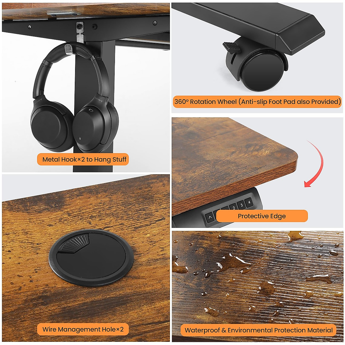 Legooin Electric Standing Adjustable Height Desk 55'' x 24''Sit Stand Desk with Double Crossbeam Structure, 27''-45'' Lifting Range Stand up Desk(Brown Arc)