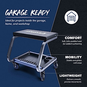 URBANTRANSIT FastBack Shop Stool - 350 Lb Capacity Rolling Stool for The Garage and Workshop, with Organizer Tray and Cupholder - 3 Inch Premium Casters - an Ideal Mechanics Stool or Workshop Stool