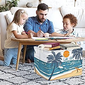 Clastyle Summer Beach Sun Sea Shelf Basket for Bedroom Coconut Trees Blue Rectangle Clothes Toys Cube Storage Basket, 36L