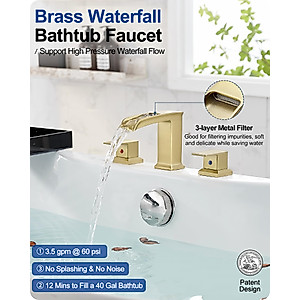 HOIGY Roman Bathtub Faucet Deck Mount 3 Hole, Brass Waterfall Faucet for Bathtub 6-16 Inch, Brushed Gold Tub Faucet Set 2 Handle, High Flow Widespread Bathtub Faucets with Water Hoses for Hotel