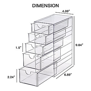 FABROK Clear Hair Accessory Organizer Box with 5 Drawers, Compact Storage Organization Drawers Set for Cosmetics, Glasses, Stationery, Stackable Storage Containers Box for Bathroom, Closet, Desk, Office