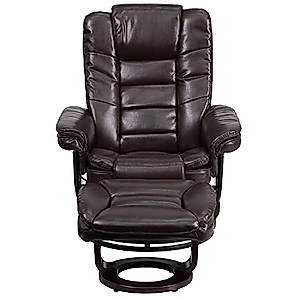 Flash Furniture Bali Contemporary Multi-Position Recliner with Horizontal Stitching and Ottoman with Swivel Mahogany Wood Base in Brown LeatherSoft