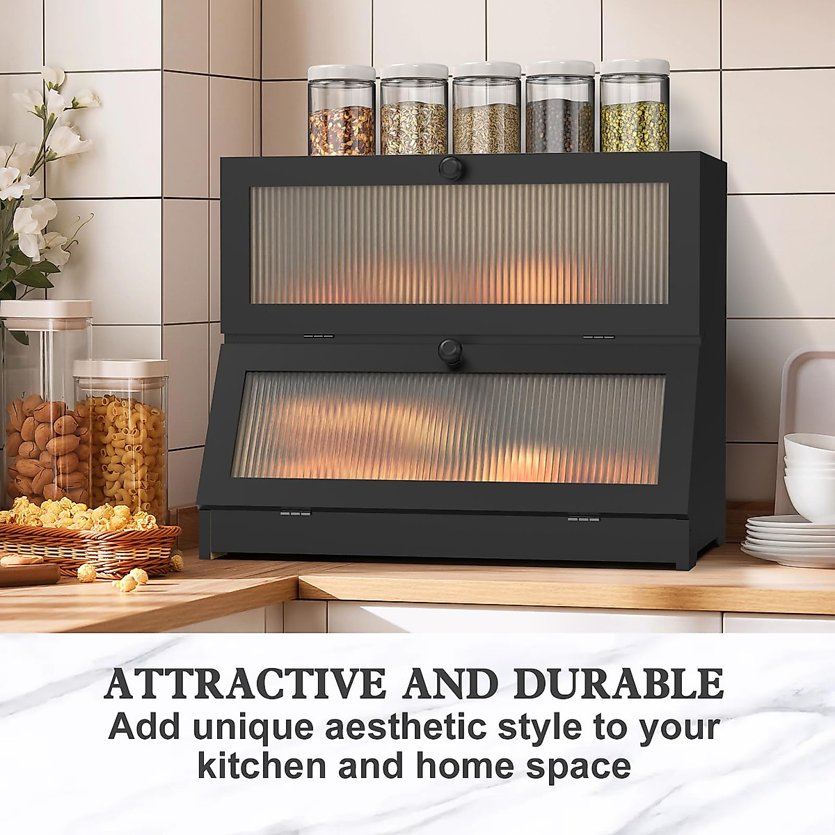 LOHASOK Double Layer Bamboo Bread Box for Kitchen Counter-Large Capacity Bread Storage Container Farmhouse Bread Box with Window Bread Holder (Black)