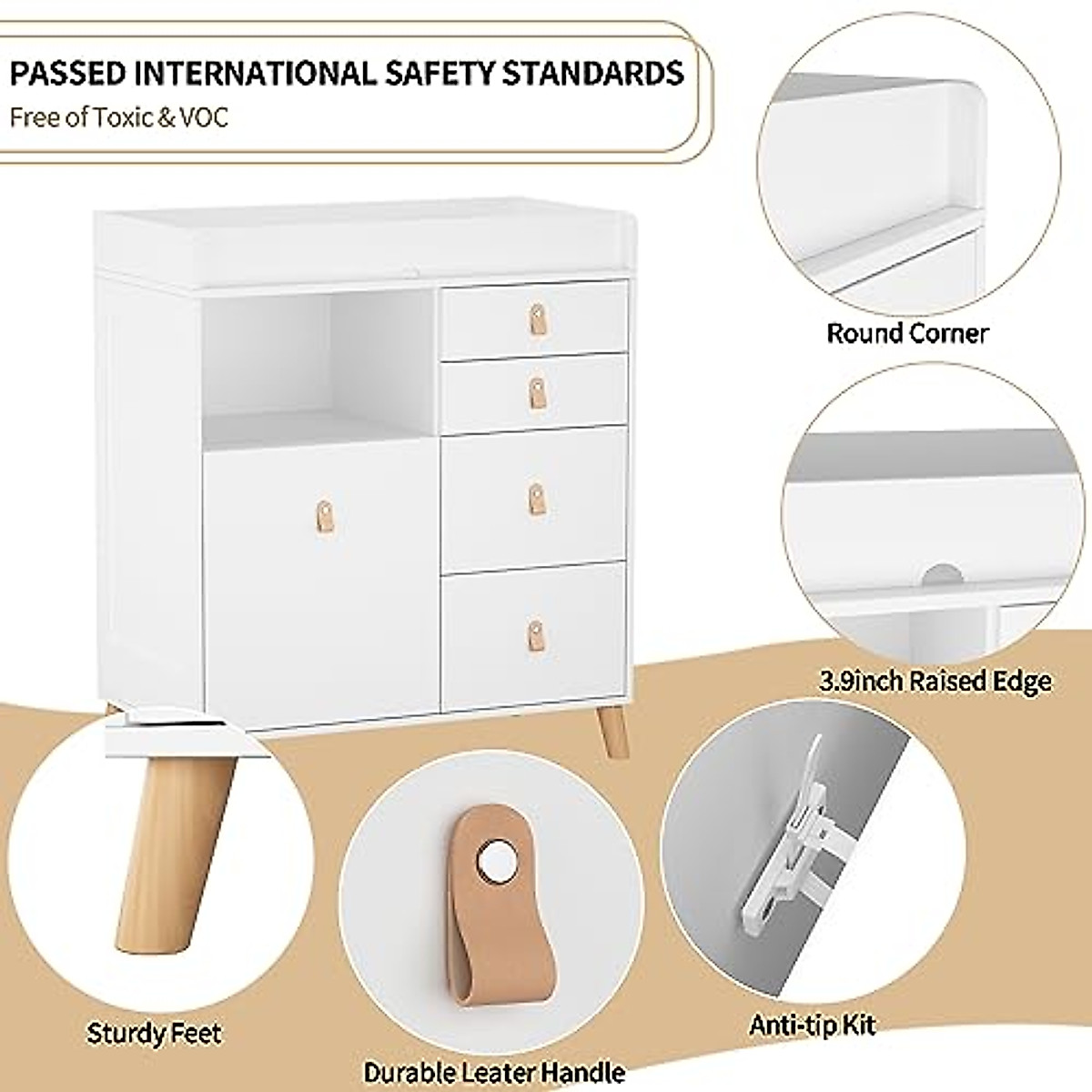 Timechee Baby Changing Table Dresser, 33.5" Baby Nursery Dresser with Drawers & Shelf, Wooden Storage Dresser Chest w/Changing Station for Infant Kids Bedroom, White