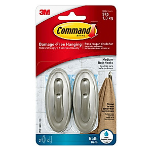 Command 17051BNB-2ES, Medium, Brushed Nickel, 2, 4-Water Resistant Strips, Organize Damage-Free Traditional Plastic Bath Hooks, 0, 2 Count