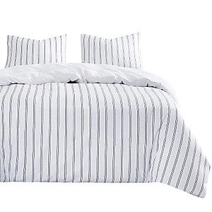 Wake In Cloud - Striped Comforter Set, Ticking Stripe Vertical Pinstripe Neutral Farmhouse Pattern Printed, Soft Lightweight Bedding, 3 Pieces, Navy White, Queen Size