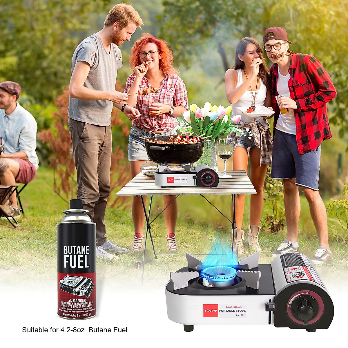 Mordoum Camping Stove Portable Single Stove Butane Portable Butane Stove for Camping, Picnics, Outdoor, Fishing, BBQ. Electronic Ignition, Brass Burner, Portable Gas Grill Mini Aluminum Material